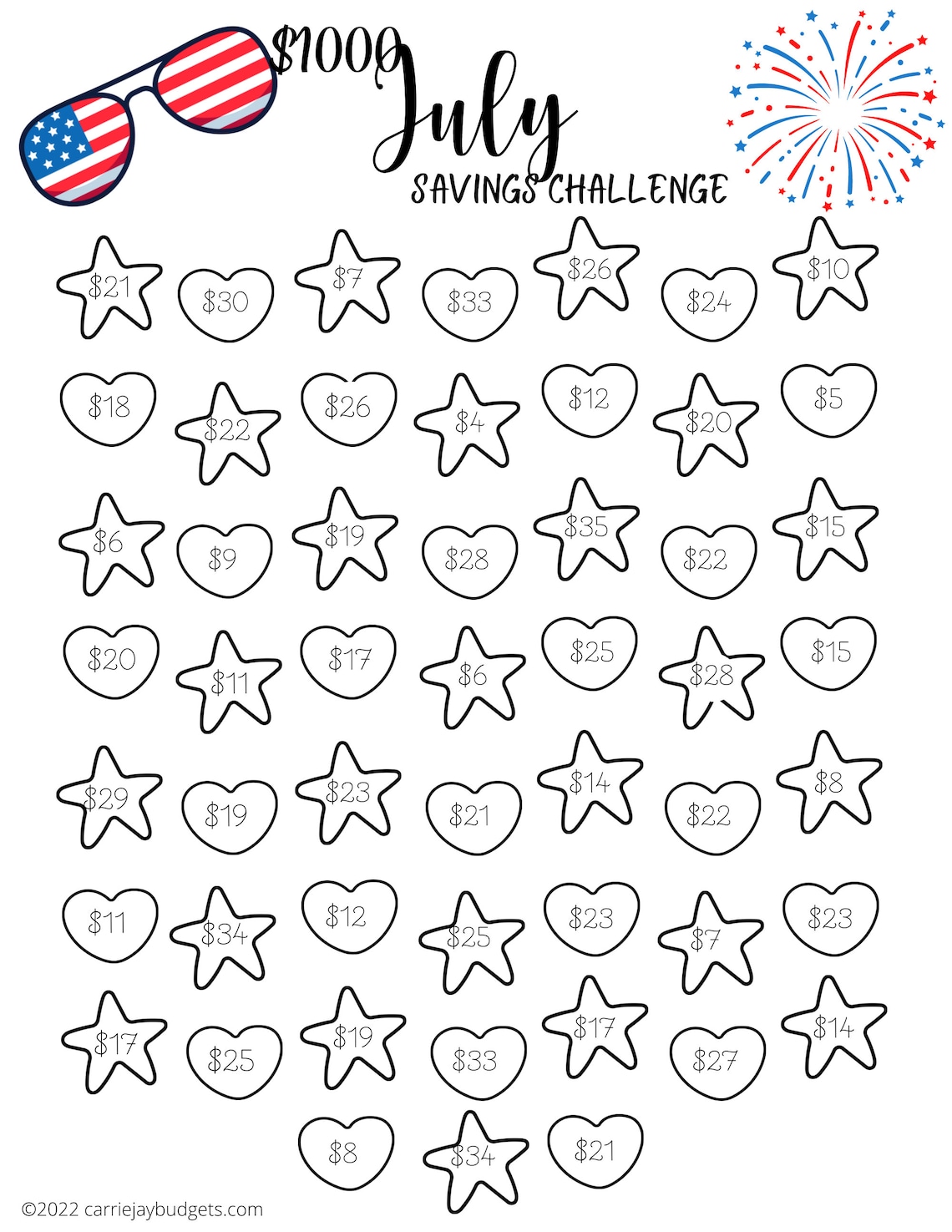 July Savings Challenge Printable Save 1000 Savings Goal | Etsy