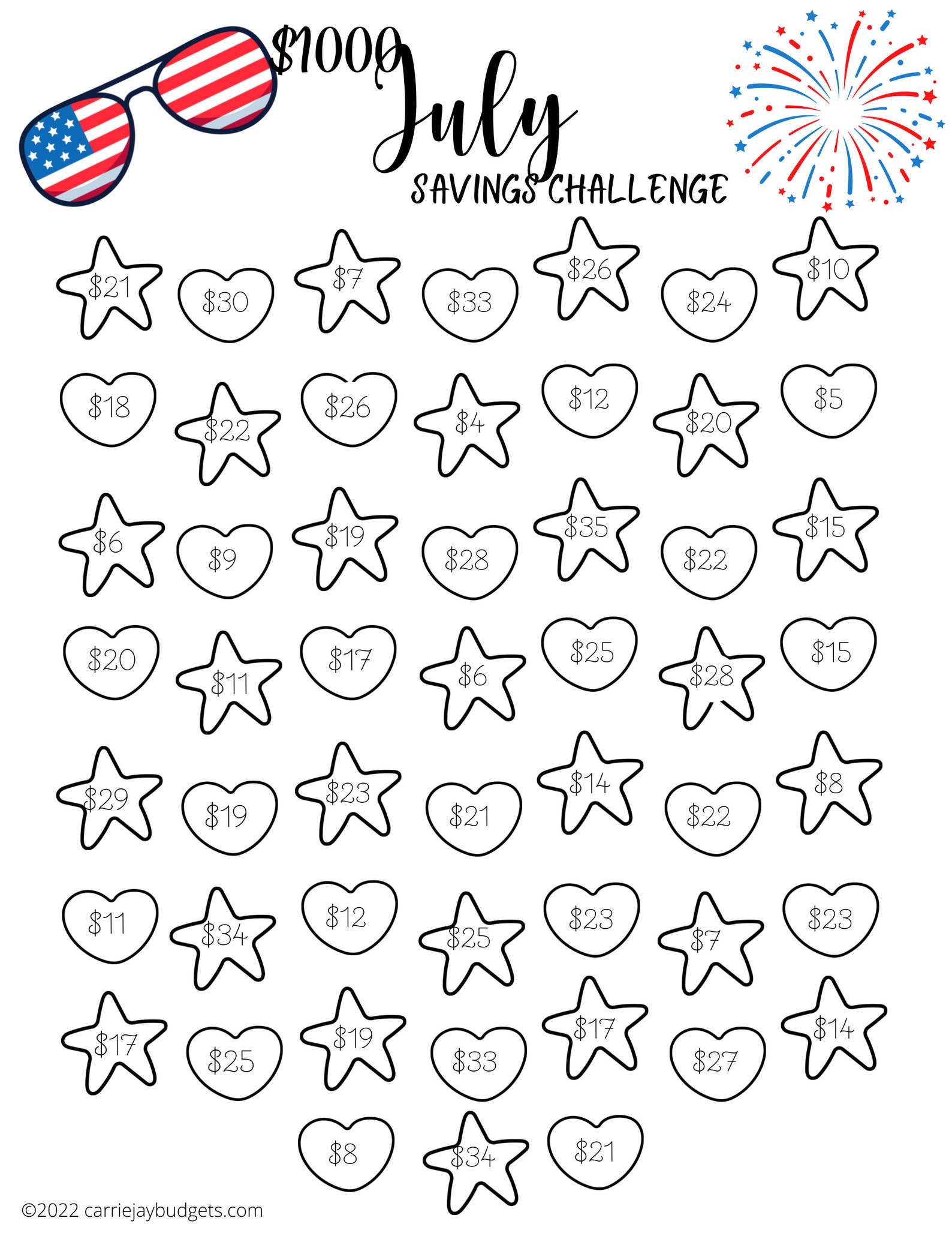 July Savings Challenge Printable Save 1000 Savings Goal - Etsy