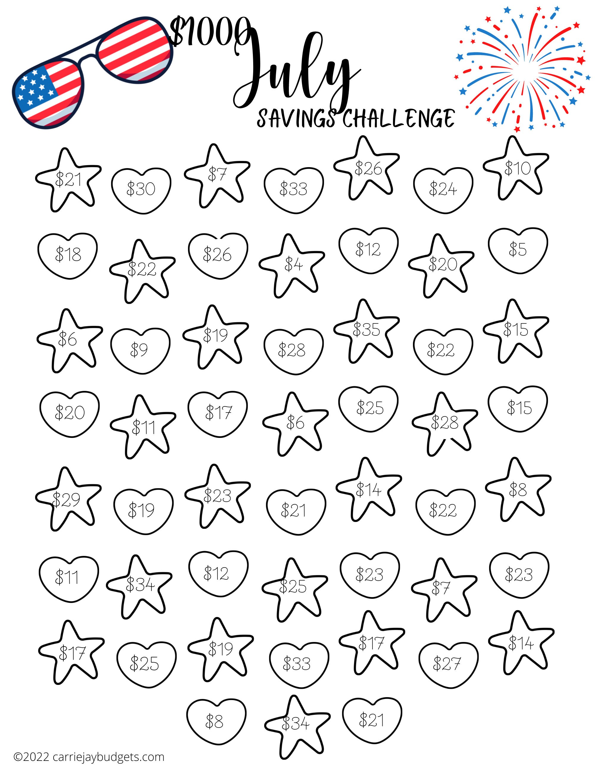 July Savings Challenge Printable Save 1000 Savings Goal - Etsy