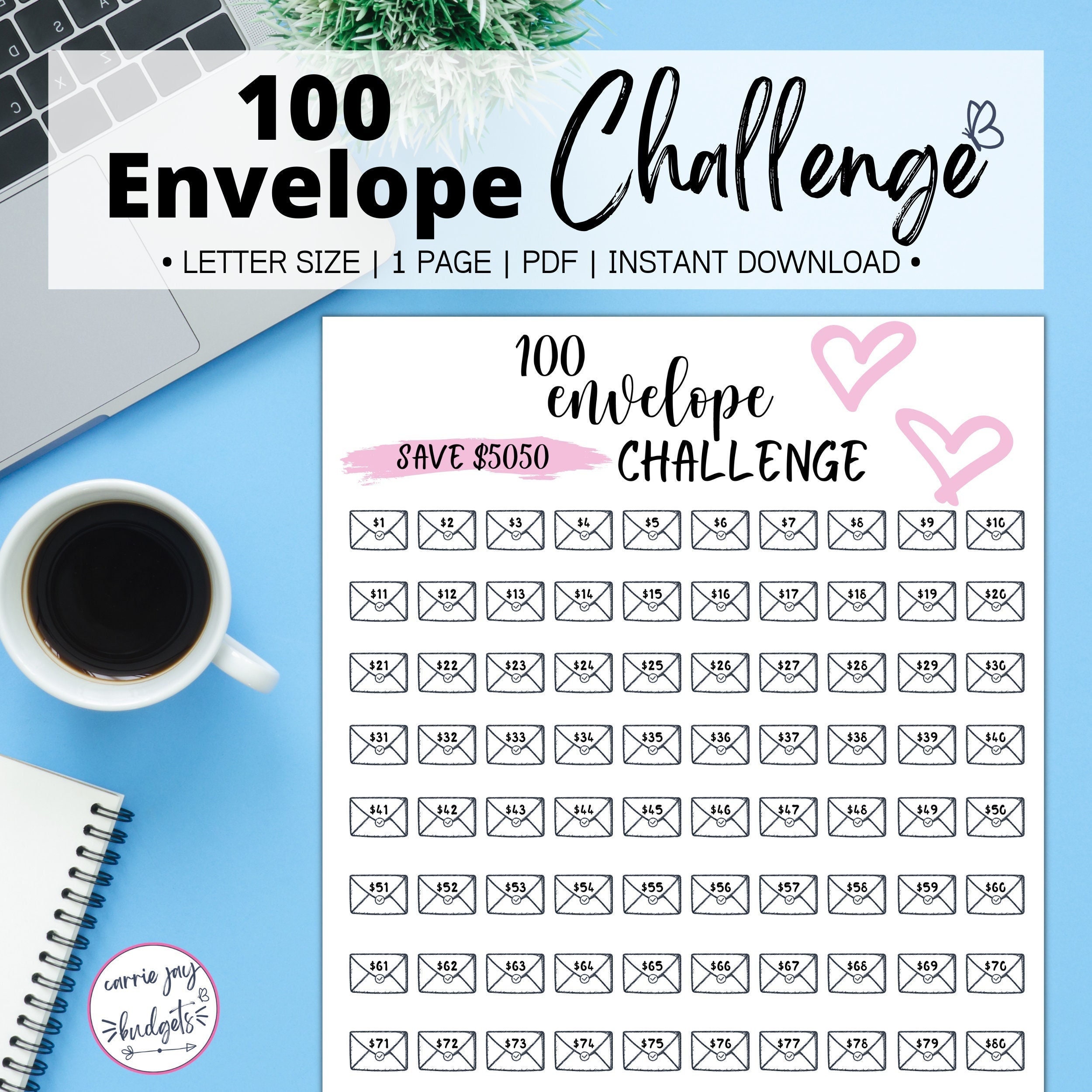 100 Envelope Challenge Tracker Printable Savings Goal Money - Etsy
