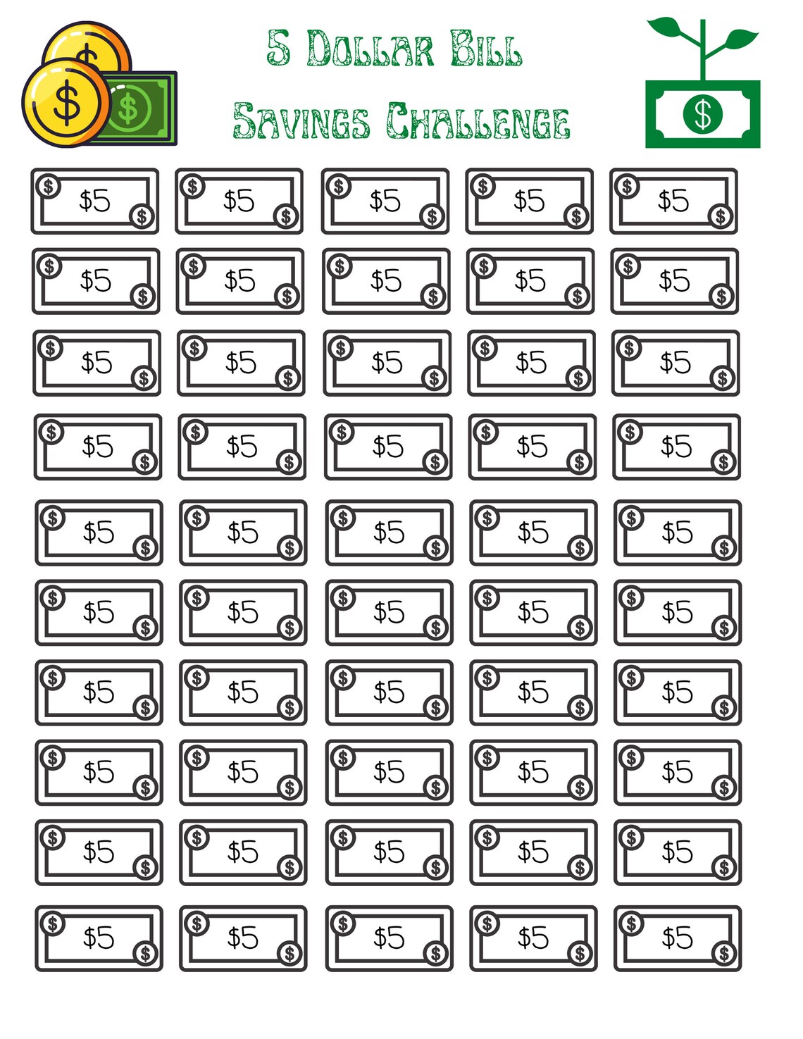 5 Dollar Bill Savings Challenge Tracker Printable Goal And Guide