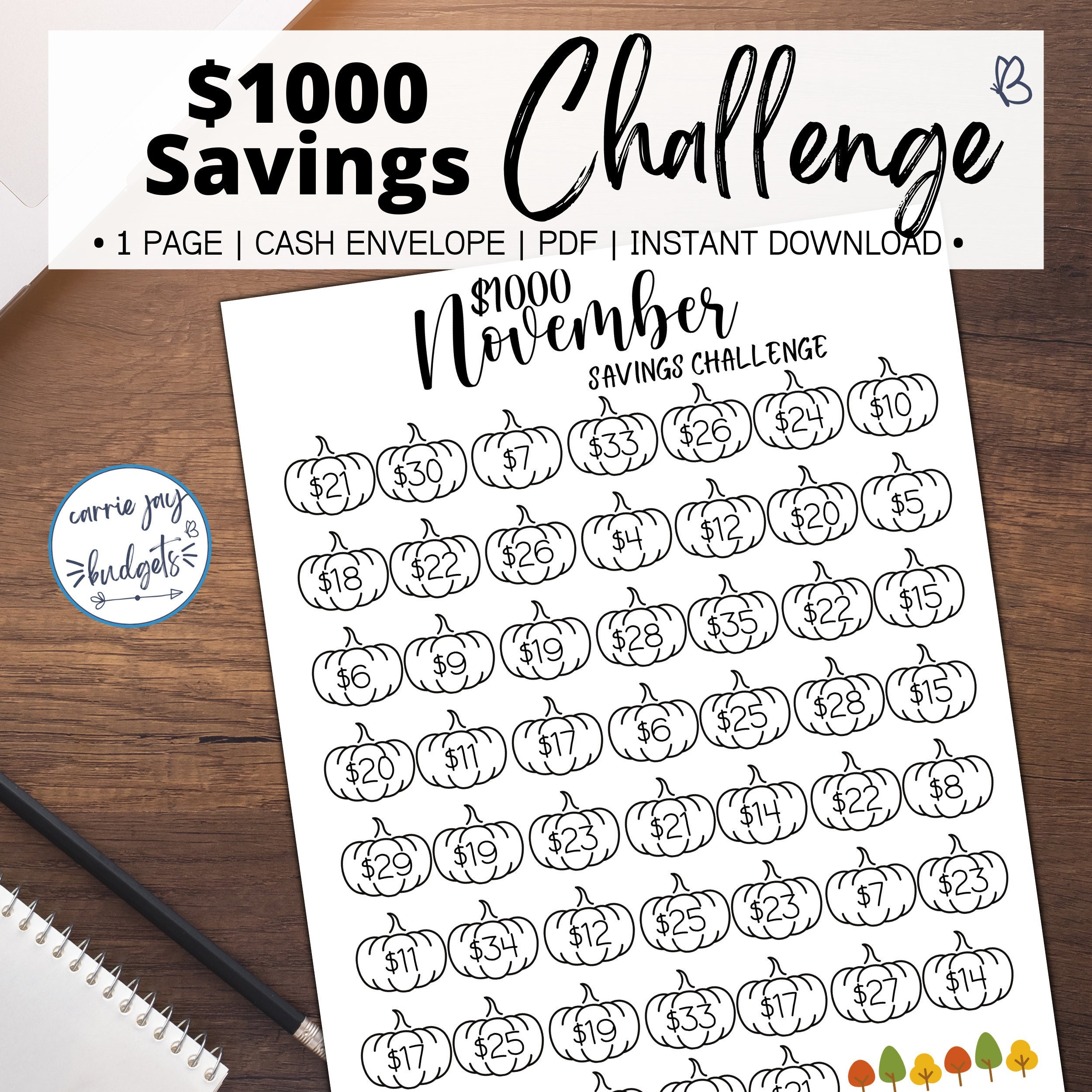 November Savings Challenge Printable, Save 1000, Savings Goal, Money ...