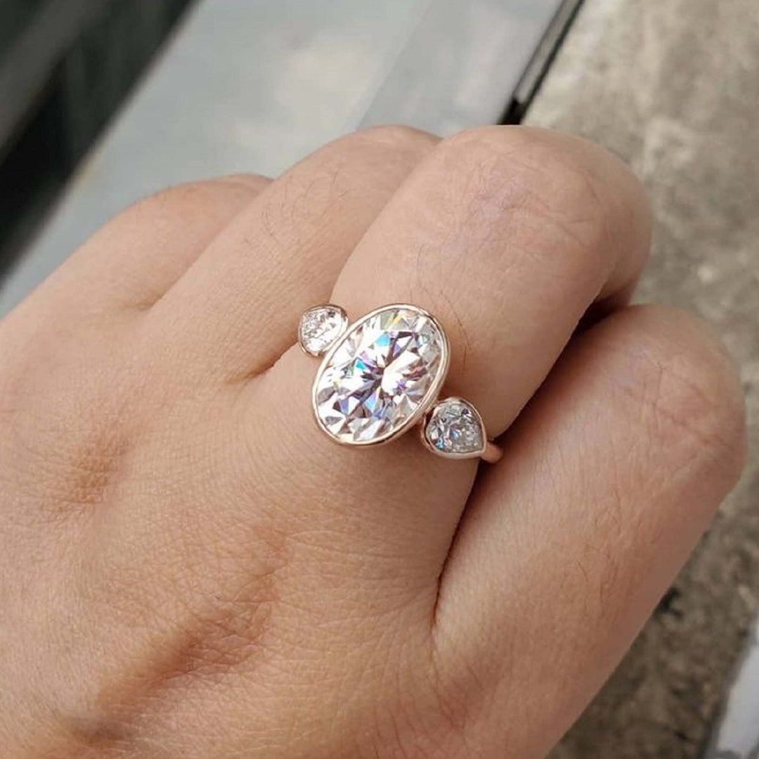 Custom Three Stone Ring Unique Engagement Ring Bezel Set - Etsy