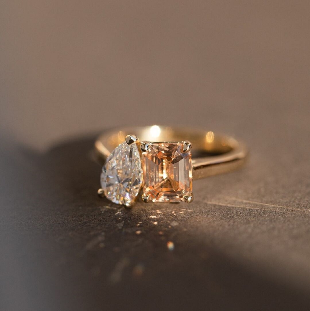 Champagne Diamond Ring, CZ Two Stone Engagement Ring, Toi Et Moi Ring ...