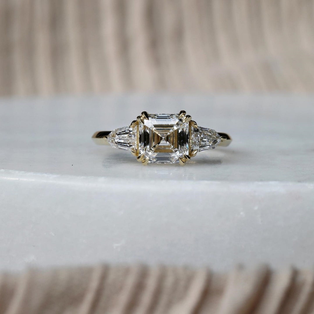 Asscher Cut Moissanite Ring, Three Stone Diamond Ring, 2.30 CTW Asscher ...