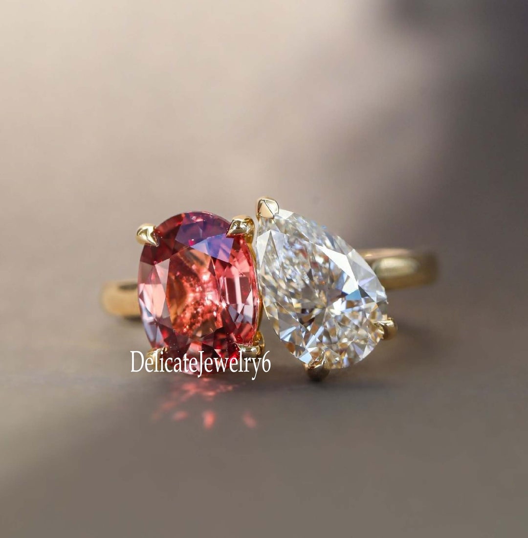 Pink Sapphire Engagement Ring, Two Stone Wedding Ring, CZ Toi Et Moi ...
