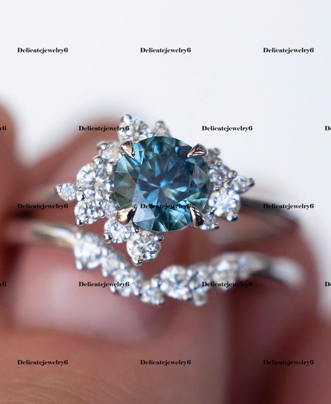 Dark Blue Moissanite Ring Set Cluster Diamond Ring Set 1.75 CTW Round ...