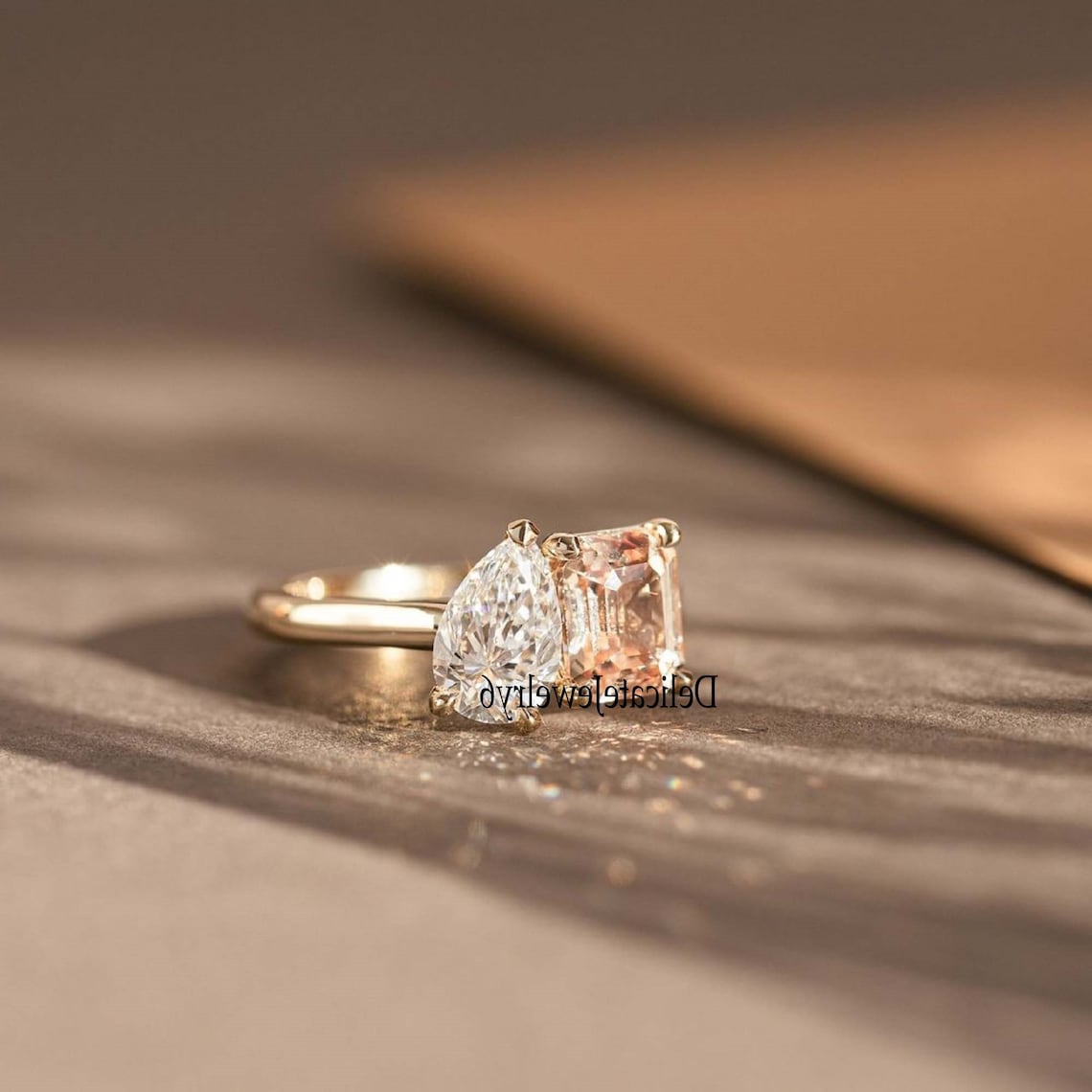 Champagne Diamond Ring CZ Two Stone Engagement Ring Toi Et - Etsy
