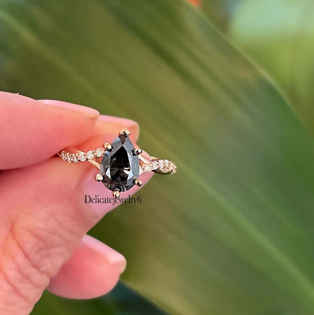 Gray Moissanite Engagement Ring Dark Grey Moissanite Ring 1.65 CTW Pear ...