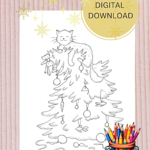 Cat on a Christmas Tree Coloring Page. Printable Coloring Page ...