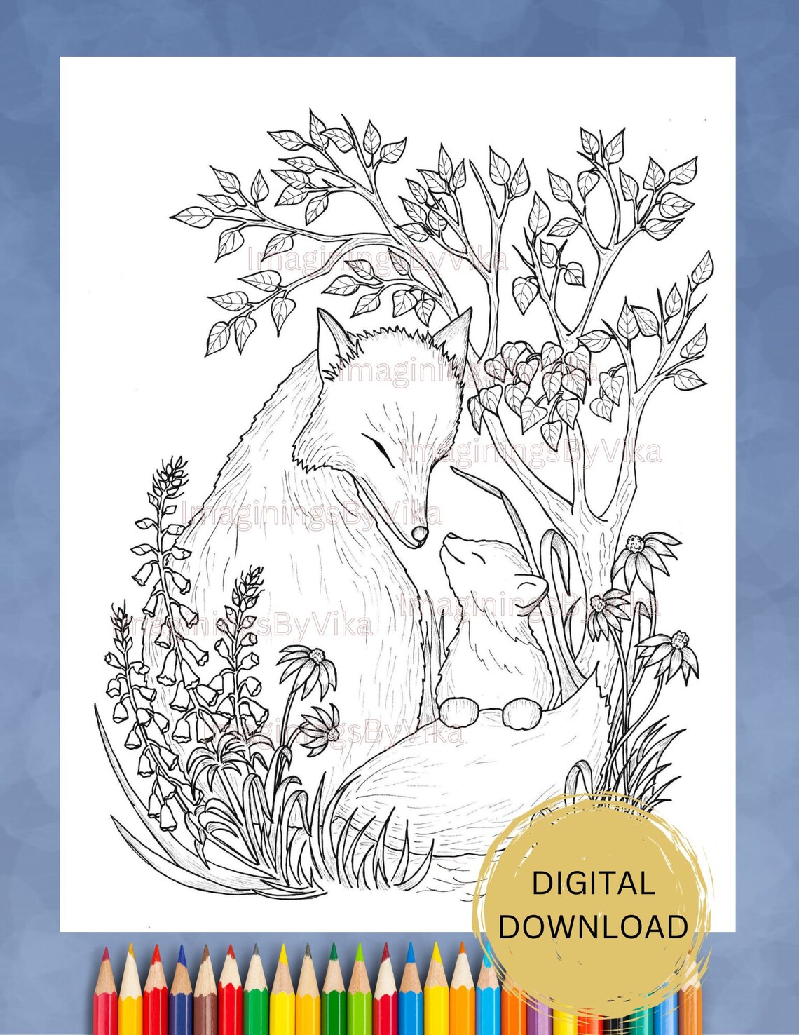 Printable Coloring Page. Mama Fox and Baby. Art Therapy for Kids and ...
