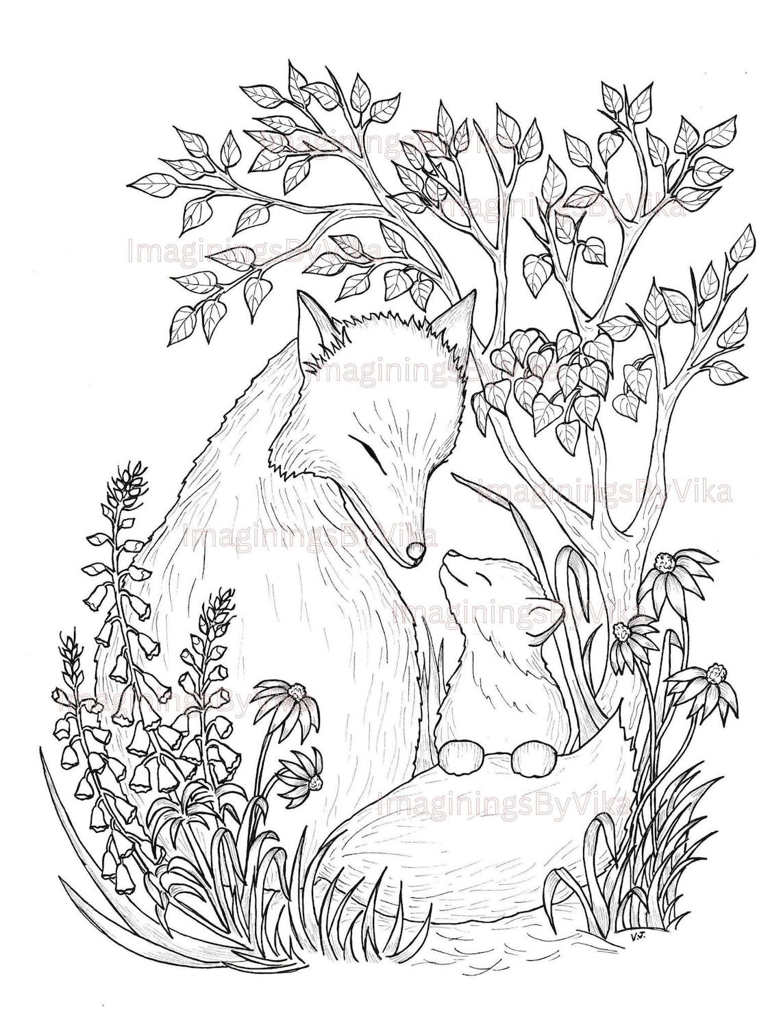Printable Coloring Page. Mama Fox and Baby. Art Therapy for Kids and ...