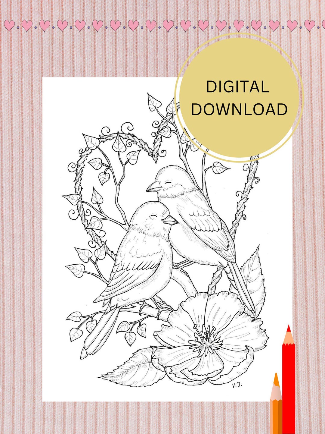 Two Sparrows Valentine's Day Coloring Page (PDF/JPG) - Etsy