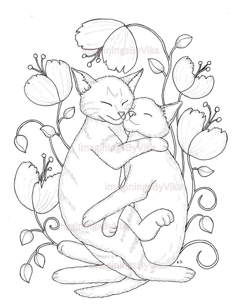 Coloring Page. Cats Hugging Coloring Page. Art Therapy for Kids and ...