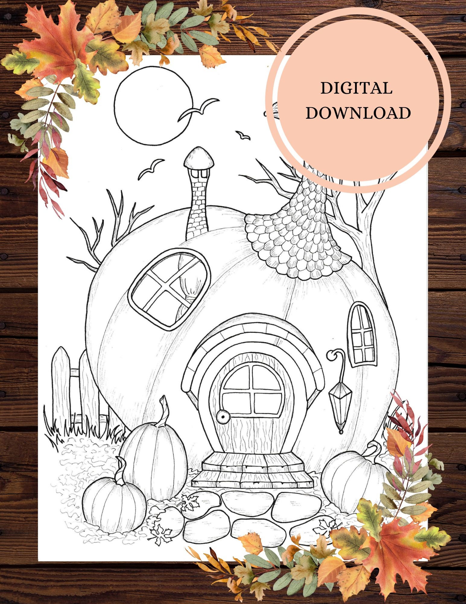 Pumpkin House Coloring Page/instant Download Coloring Page for Adults ...