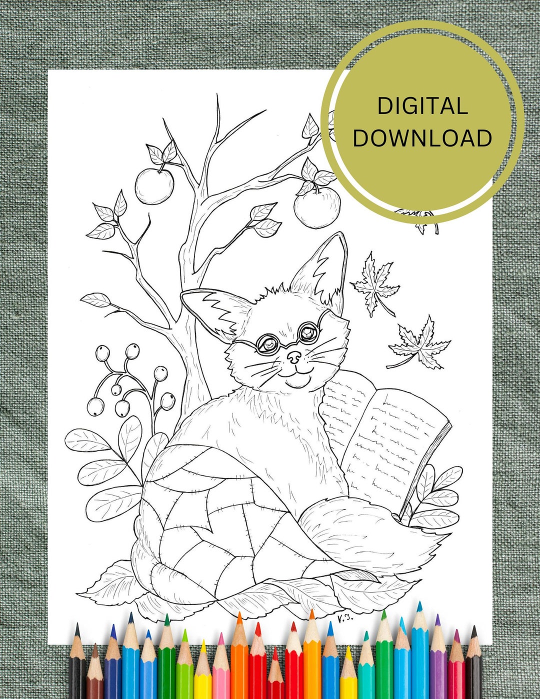 Reading Fox Coloring Page. Instant Download Coloring Page for Kids and ...