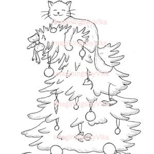 Cat on a Christmas Tree Coloring Page. Printable Coloring Page ...