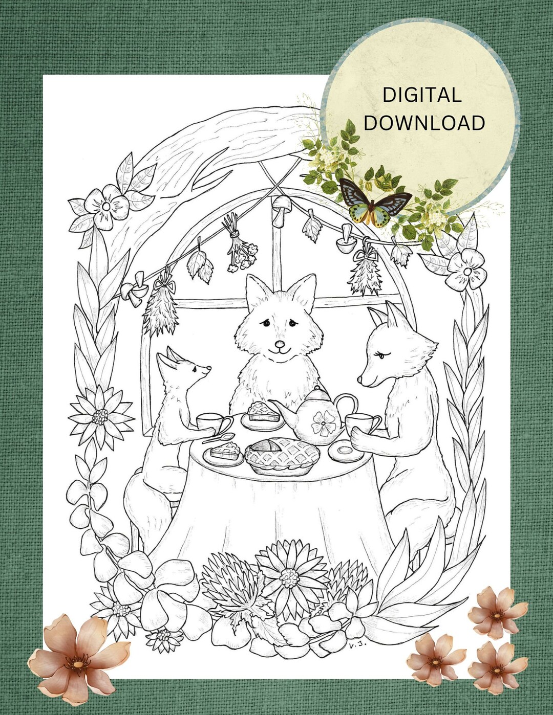 Tea Party Coloring Page. Cozy Fox Life Coloring Page. Art Therapy for ...