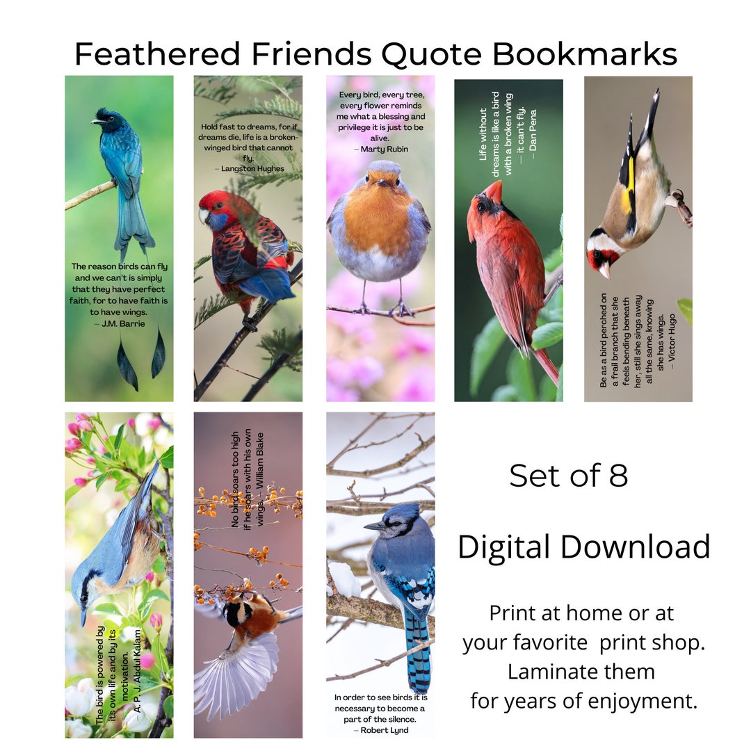 Feathered Friends Bookmarks With Quotes - Set of 8 - Digital Bookmarks ...