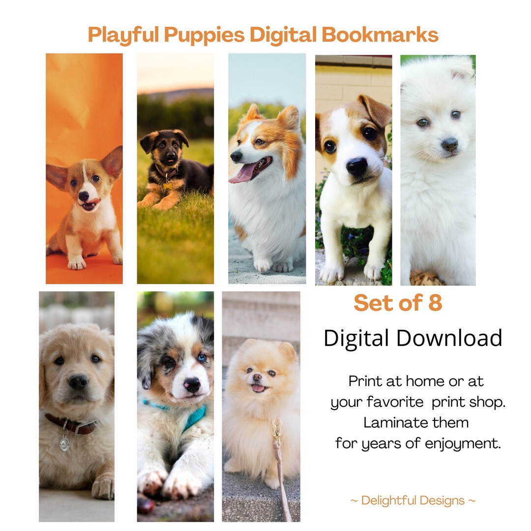 Playful Puppies Bookmarks-set of 8 - Digital Bookmarks, Dog Bookmarks ...