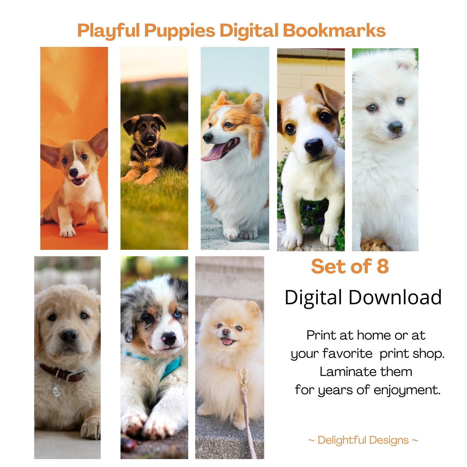 Playful Puppies Bookmarks-set of 8 - Digital Bookmarks, Dog Bookmarks ...