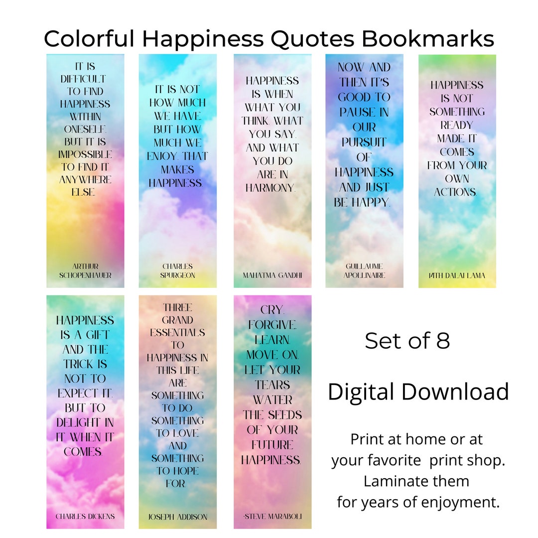 Colorful Clouds Bookmarks With Happiness Quotes - Set of 8 - Digital ...