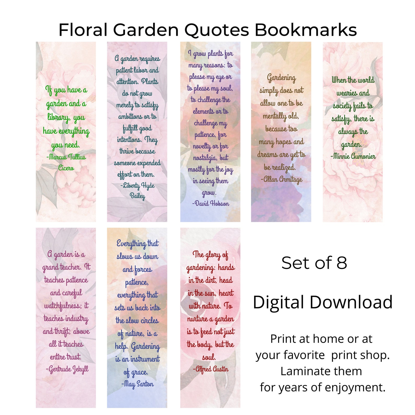 Floral Bookmarks With Inspiring Garden Quotes - Set of 8 - Digital ...