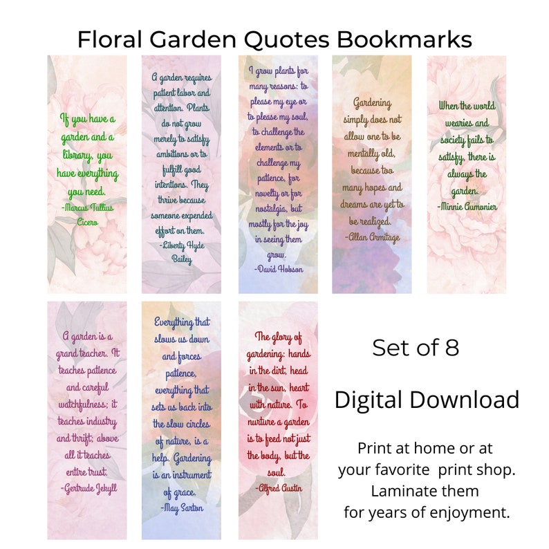 Floral Bookmarks With Inspiring Garden Quotes - Set of 8 - Digital ...
