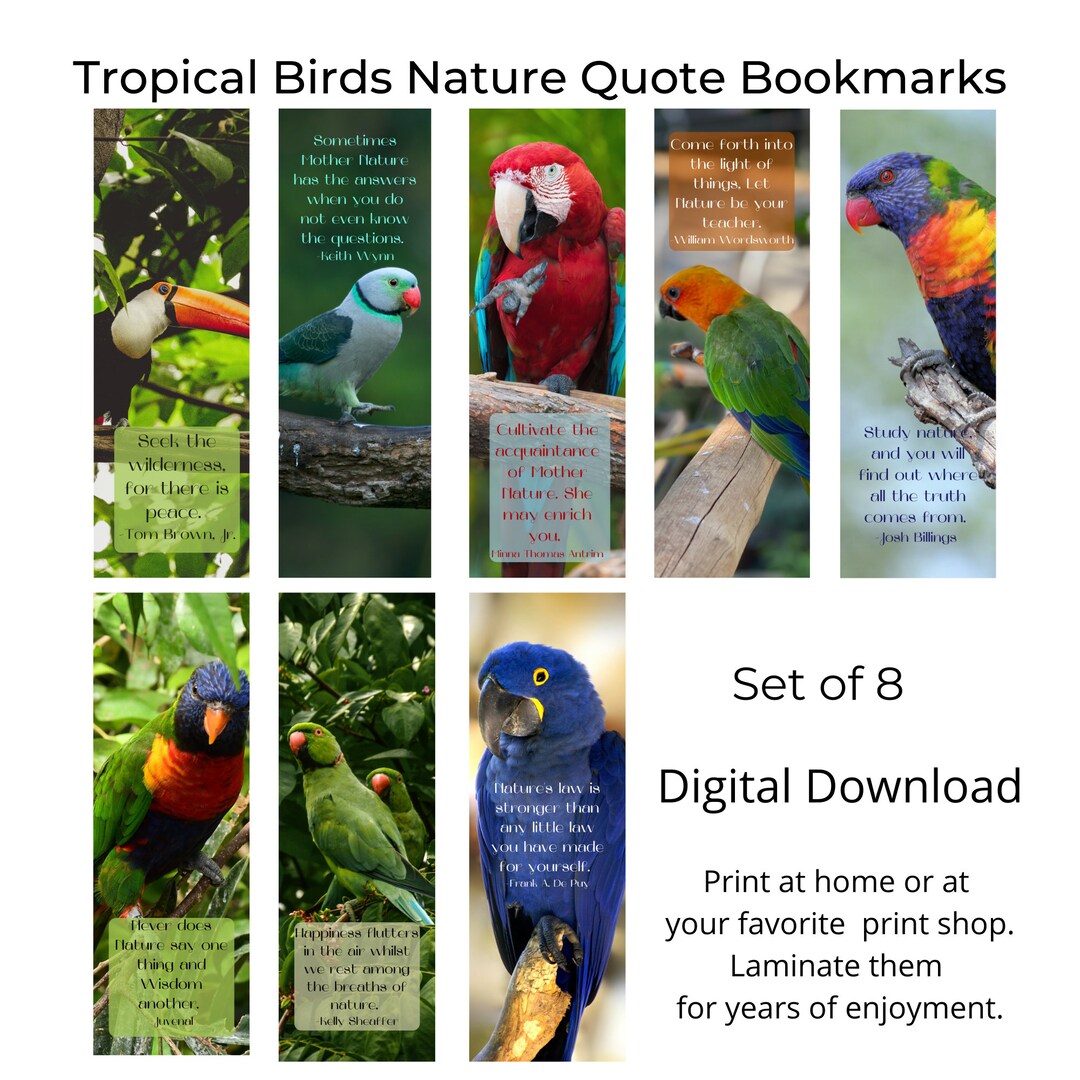 Tropical Birds Bookmarks With Nature Quotes - Set of 8 - Digital ...