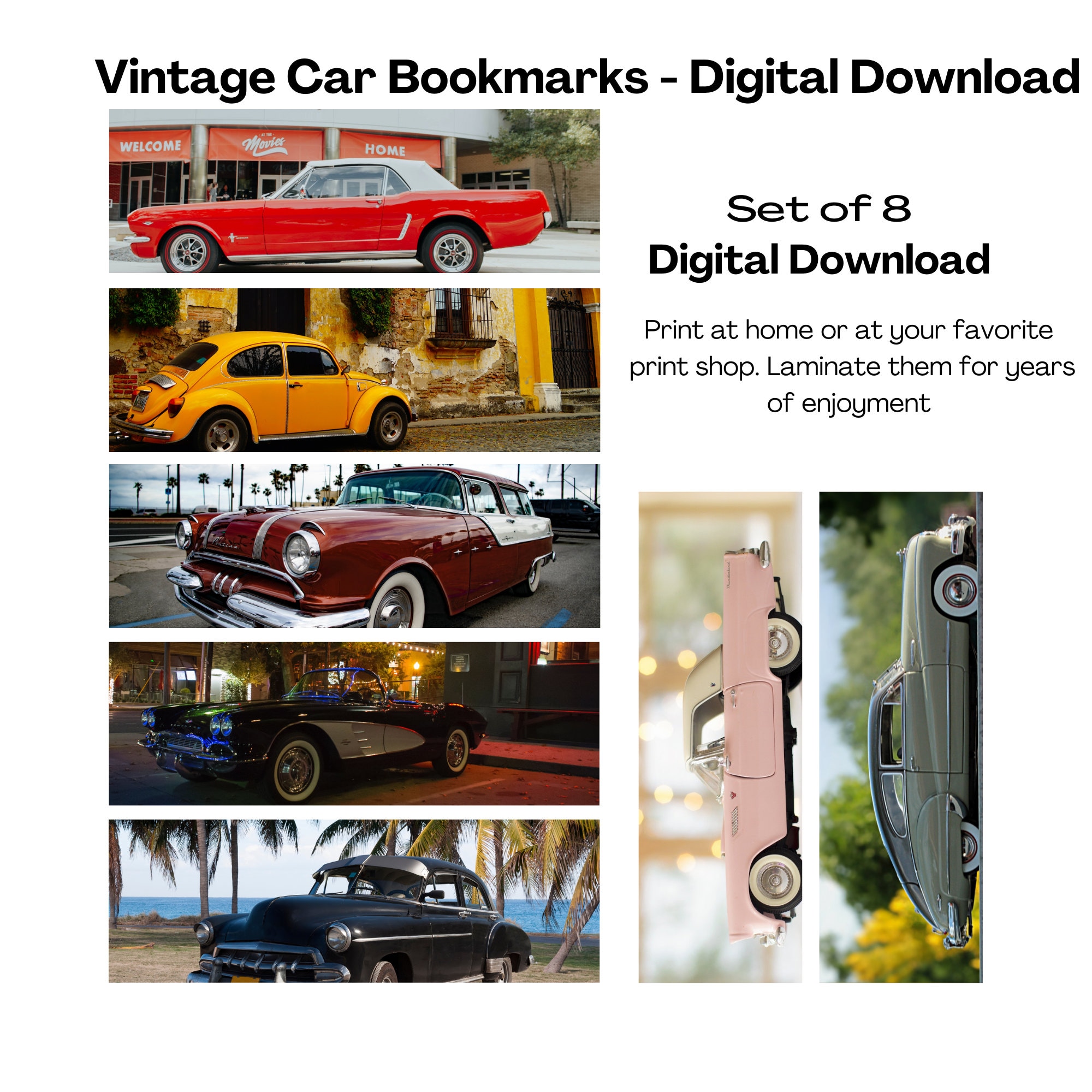 Vintage Car Bookmarks-set of 8 Digital Bookmarks, Vintage-style ...