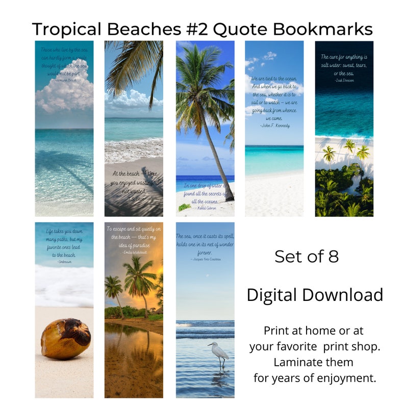 Tropical Beaches Bookmarks With Quotes - Set of 8 - Digital Bookmarks ...