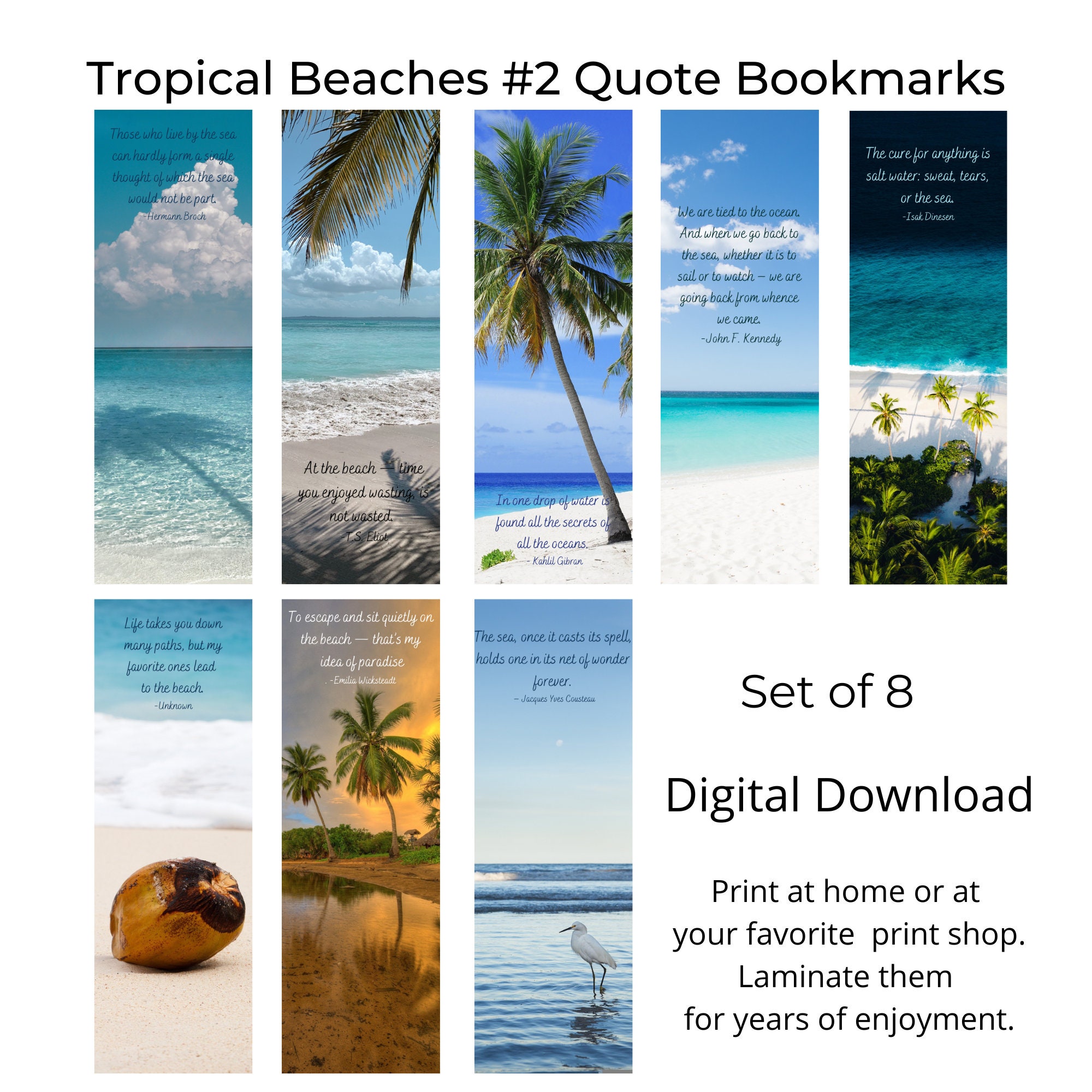 Tropical Beaches Bookmarks With Quotes - Set of 8 - Digital Bookmarks ...