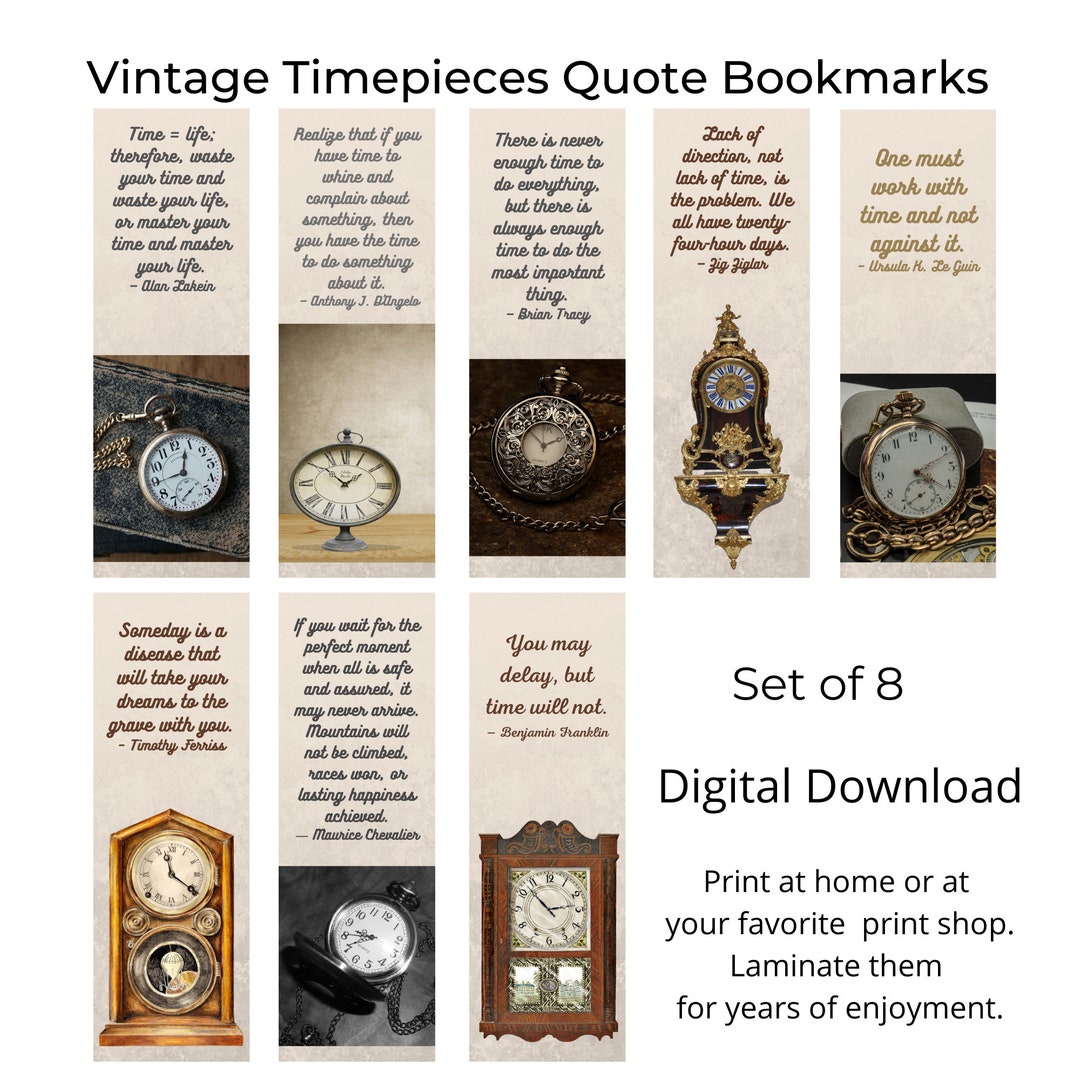 Vintage Timepieces Bookmarks With Quotes - Set of 8 - Digital Bookmarks ...