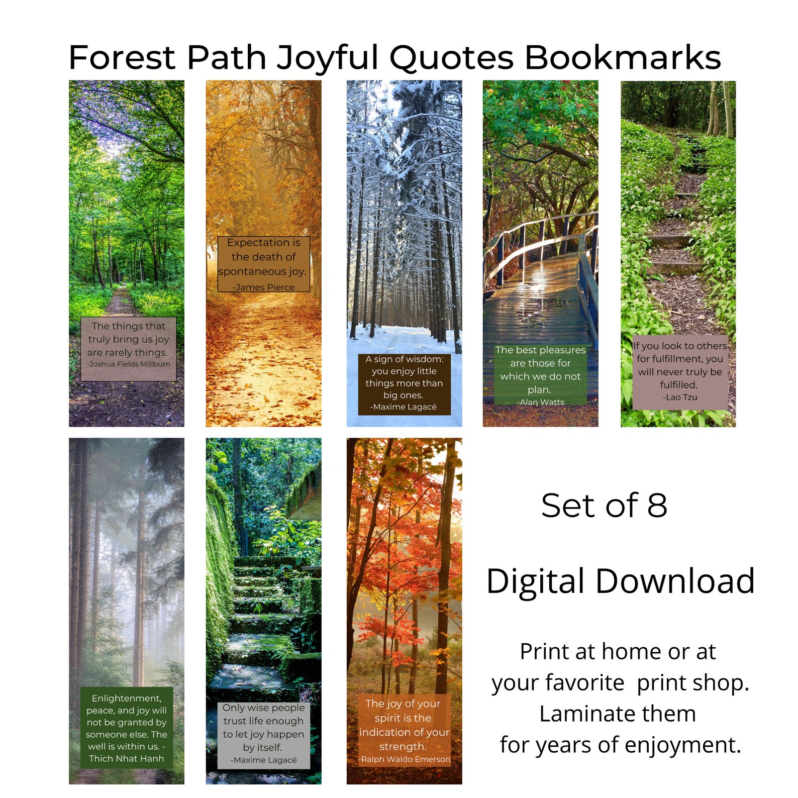 Peaceful Forest Path Bookmarks With Joyful Quotes - Set of 8 - Digital ...