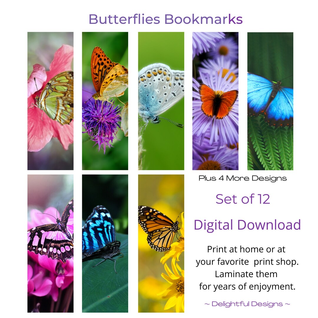 Colorful Butterflies Bookmarks-set of 12 - Digital Bookmarks, Giftable ...