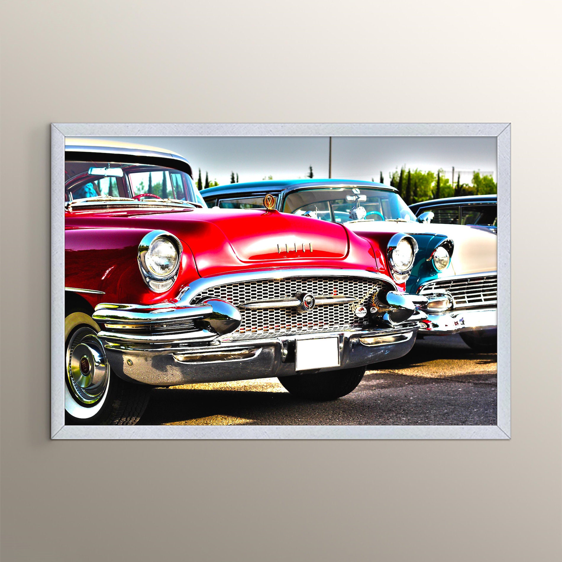 Classic Red and Blue Car Wall Art Print Painting MDF Classic Cars Ready ...