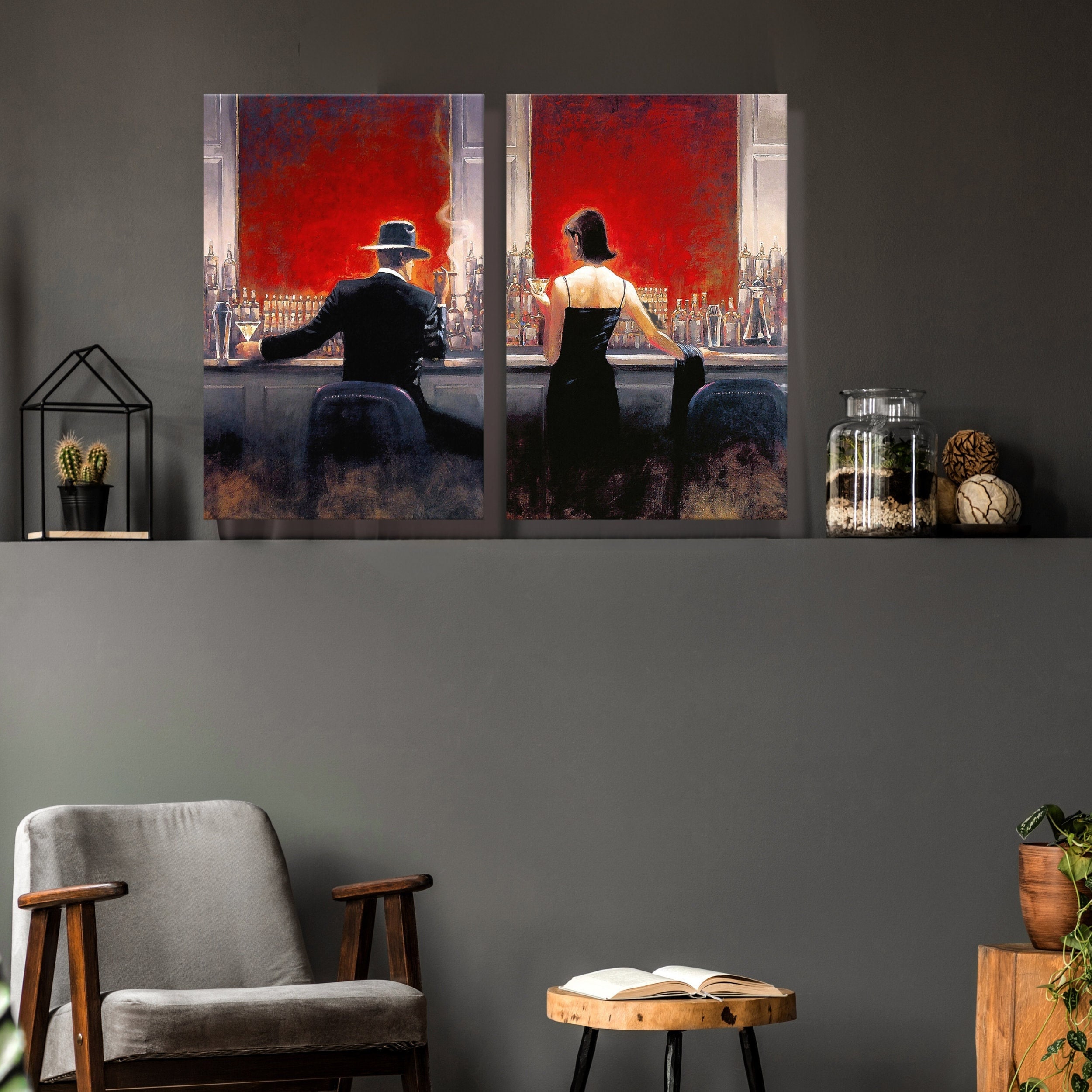Brent Lynch Cigar Bar Evening Lounge Famous Man & Woman 2-piece Painting Wall Art Canvas Print ...