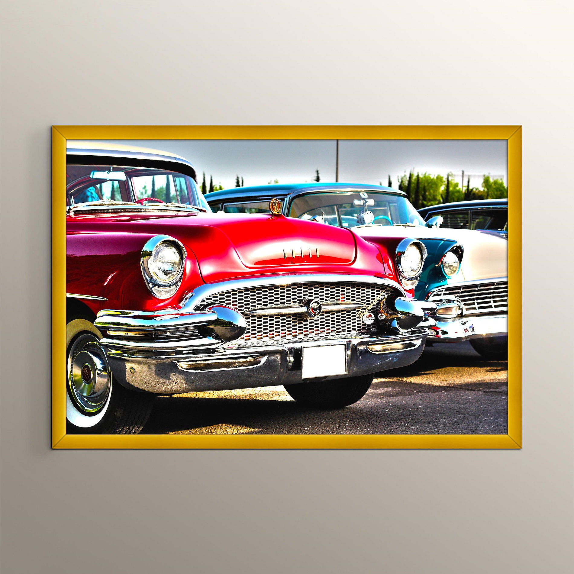 Classic Red and Blue Car Wall Art Print Painting MDF Classic Cars Ready ...