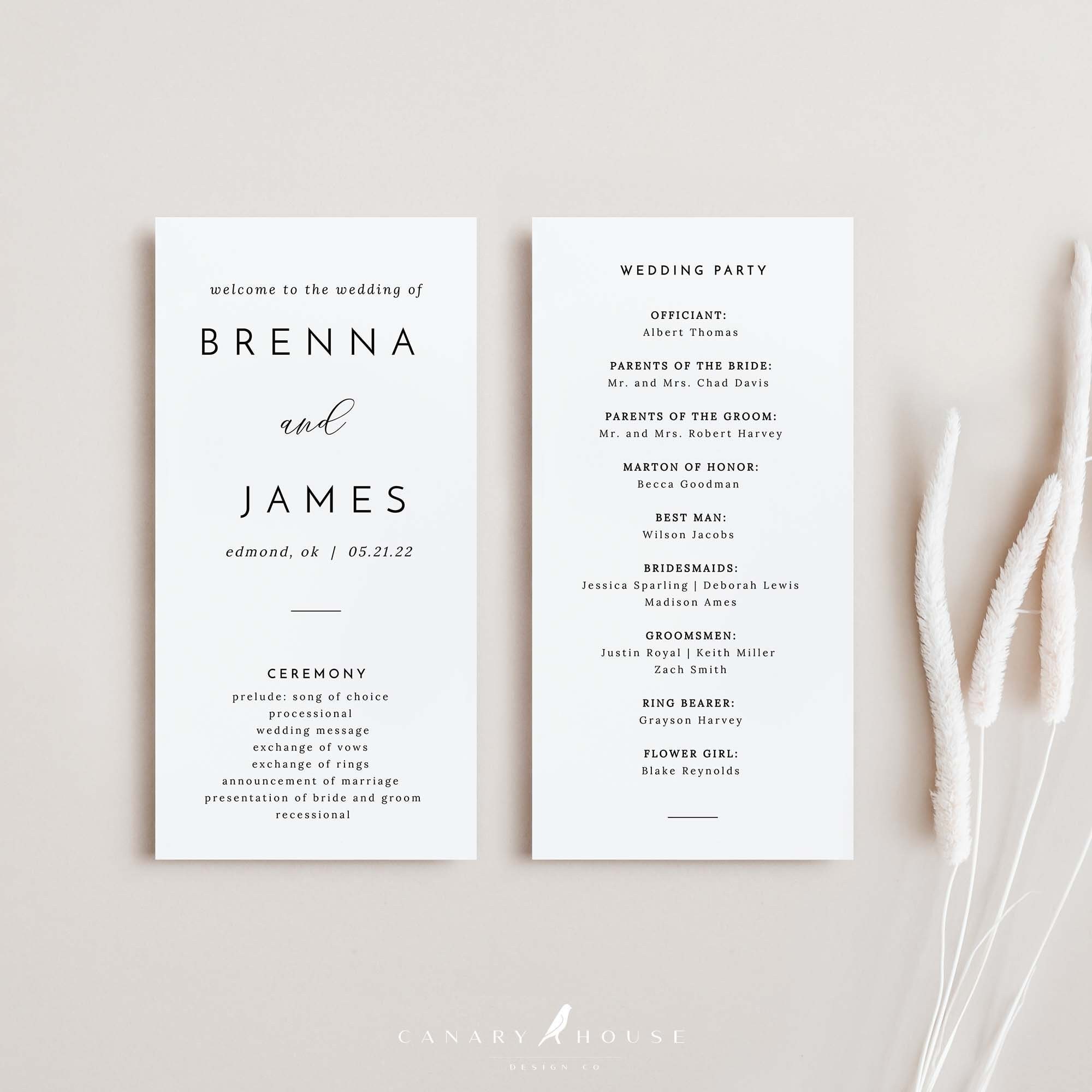 Elegant Wedding Program Printable Order of Service Editable - Etsy