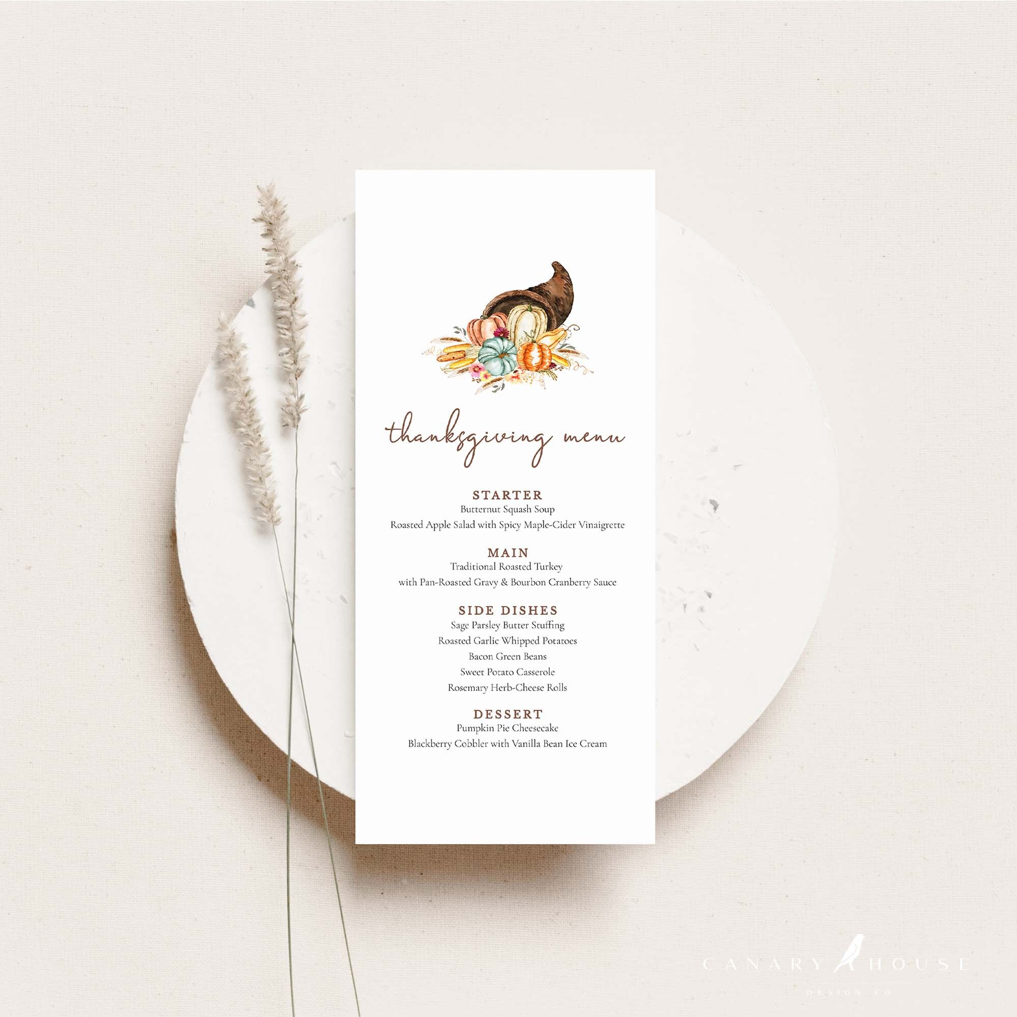 Thanksgiving Dinner Menu Template, Classic Watercolor Cornucopia Menu ...