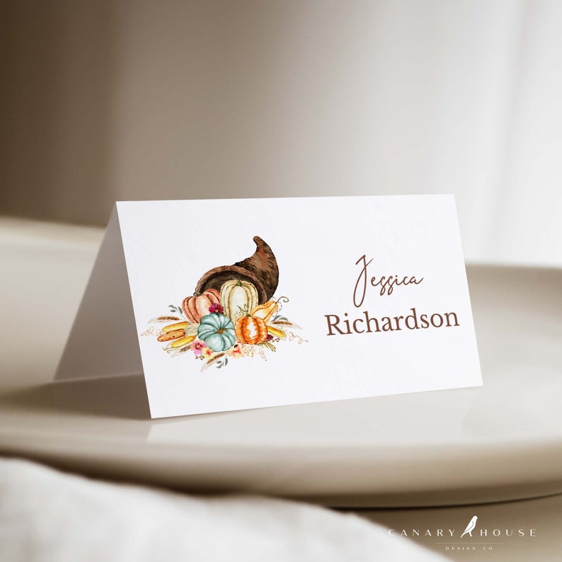 Thanksgiving Place Card Template, Classic Watercolor Cornucopia, Fall ...