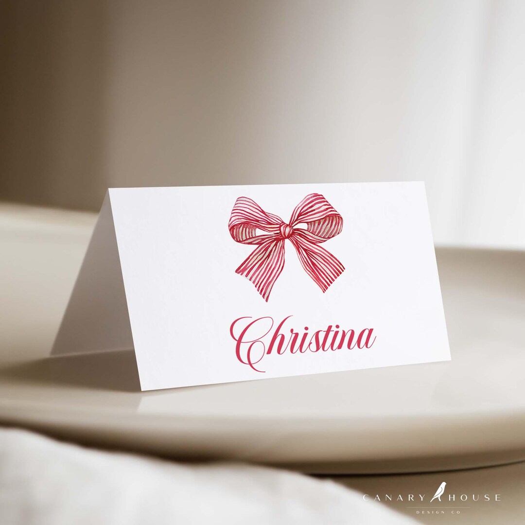 Christmas Bow Place Card Template, Printable Christmas Place Cards ...