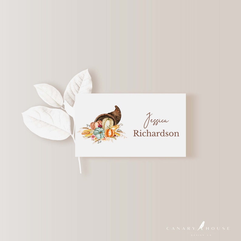 Thanksgiving Place Card Template, Classic Watercolor Cornucopia, Fall ...