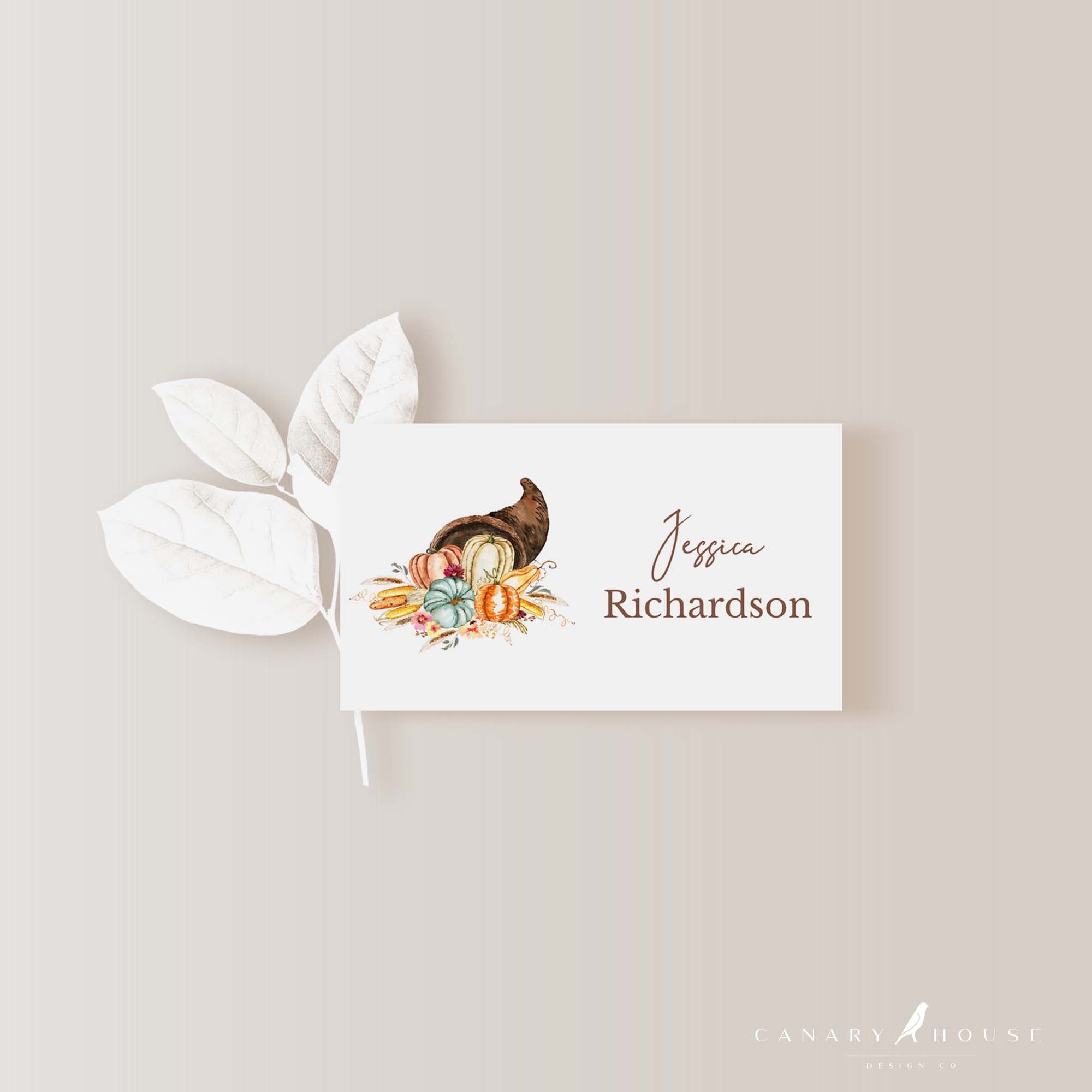 Thanksgiving Place Card Template, Classic Watercolor Cornucopia, Fall ...