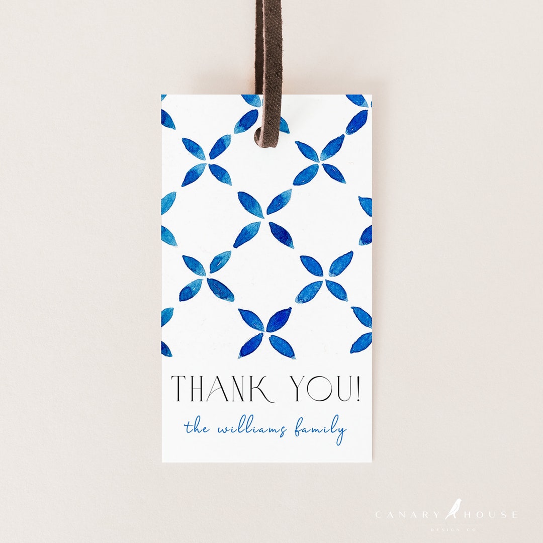 Blue Tile Thank You Tag Template, Printable Thank You Tag, Watercolor ...