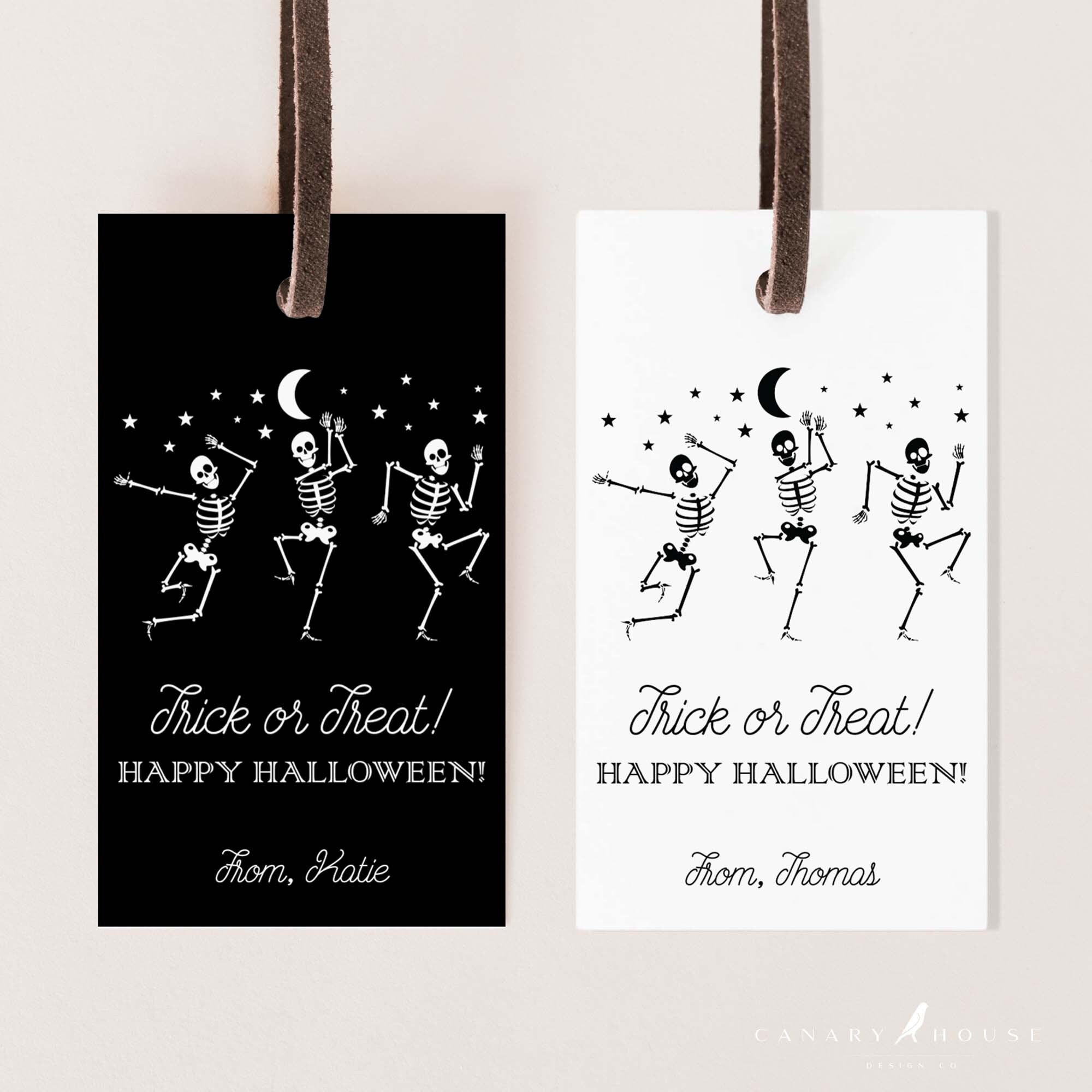 Dancing Skeletons Halloween Gift Tag Template, Printable Skeleton Favor Tag, Editable Halloween ...