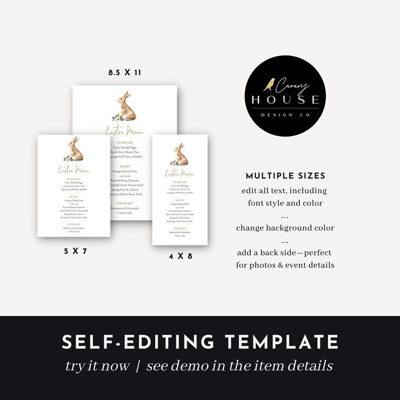 Easter Menu, Easter Brunch Menu, Watercolor Bunny Menu, Self-editable ...