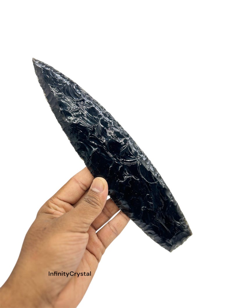 10” Black Obsidian Spearhead | Handmade Leaf Point Arrowhead | Natural ...