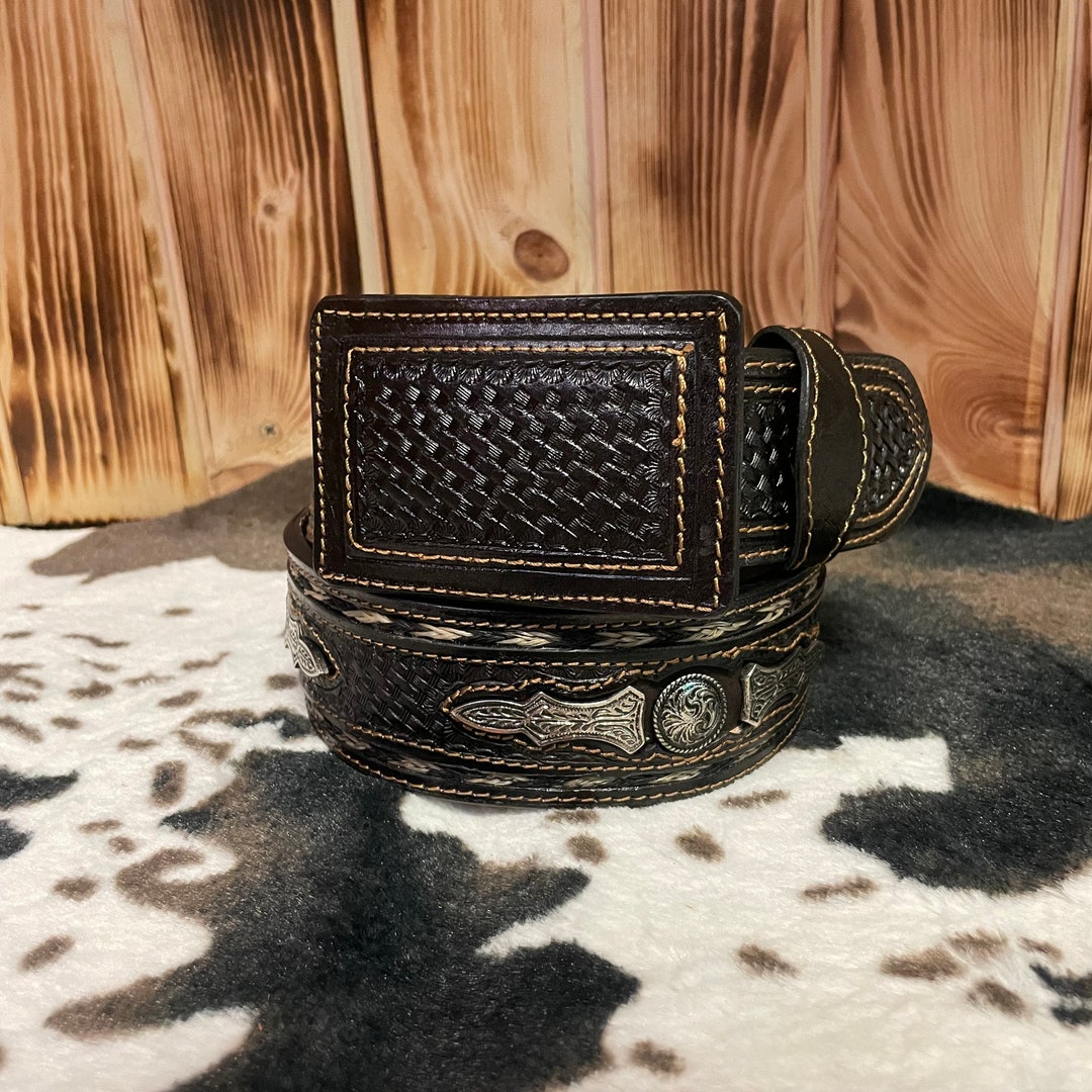 Black Western Cowboy Concho Hand Tooled W Horsehair Details Leather ...
