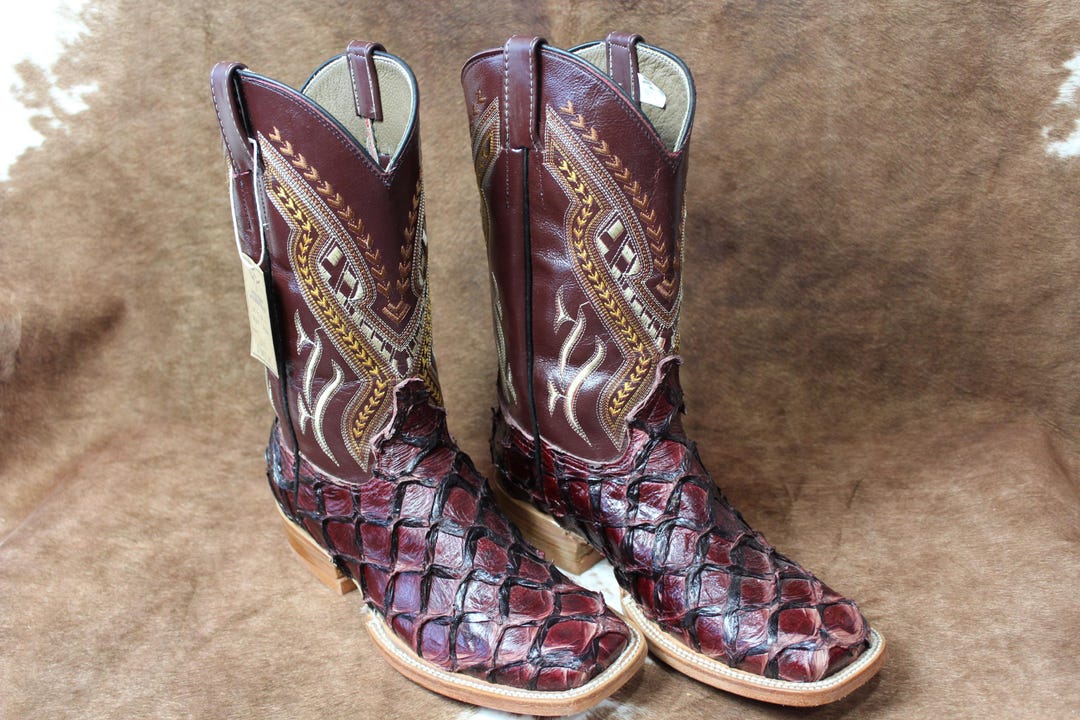 Men’s Genuine Pirarucu Fish Skin Western Cowboy Boots Cherry Red 9US - Etsy